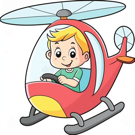 Excited Cartoon Boy Flying A Helicopter Stock Illustration