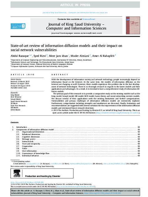 Pdf State Of Art Review Of Information Diffusion Models And Their Impact On Social Network