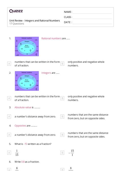50 Integers And Rational Numbers Worksheets For 7th Grade On Quizizz Free And Printable