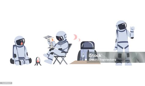 우주복 손을 흔들고 신문 벡터 세트를 읽는 우주 공간에서 우주 비행사 캐릭터 손에 대한 스톡 벡터 아트 및 기타 이미지 손