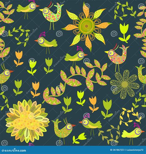 Cute Seamless Pattern With Cartoon Bird And Flowe Stock Vector