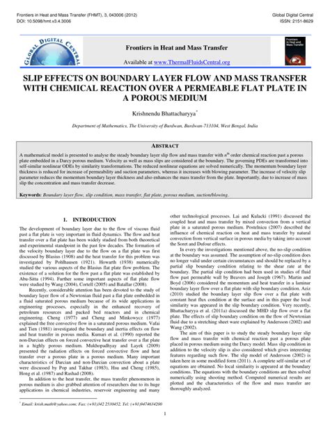 Pdf Slip Effects On Boundary Layer Flow And Mass Transfer With Chemical Reaction Over A