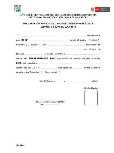 Declaracion Jurada De Matricula 2023 Pdf