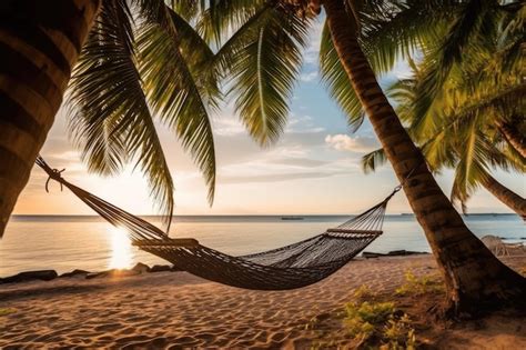 Premium Ai Image Hammock Between Palm Trees On A Beautiful Beach Scenery