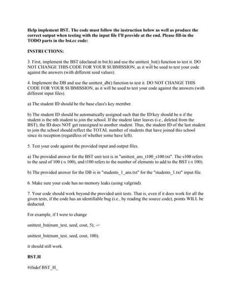 Help Implement Bst The Code Must Follow The Instruction Below As Wellpdf