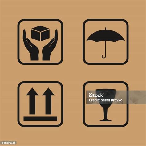 골 판지에 깨지기 쉬운 기호입니다 골 판지에 깨지기 쉬운 아이콘의 집합입니다 우산 유리 화살표 손 상자 표시 검은색에 대한 스톡 벡터 아트 및 기타 이미지 Istock