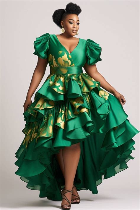 Xpluswear Design Plus Size Semi Formal Tiered Elegant Green Floral V