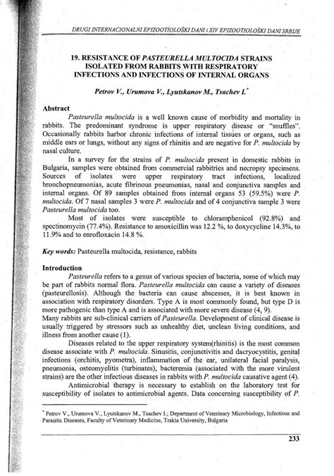 Pdf Resistance Of Pasteurella Multocida Strains Isolated From Rabbits With Respiratory