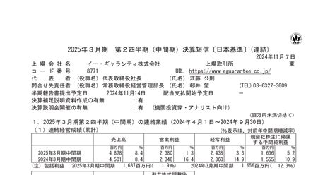 イー・ギャランティ 8771 ：2025年3月期 第2四半期（中間期）決算短信〔日本基準〕連結 2024年11月7日適時開示 ：日経