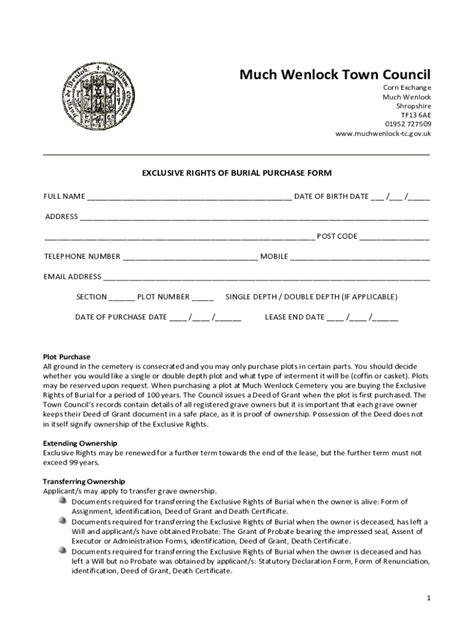 Fillable Online Exclusive Rights Of Burial Purchase Form Fax Email Print Pdffiller