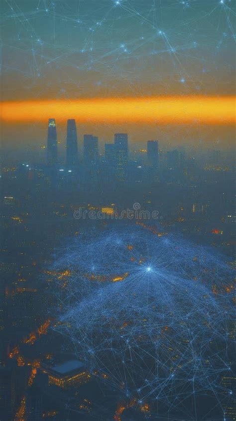 Abstract Skyline With Blue Digital Network Overlay Above Stock Illustration Illustration Of