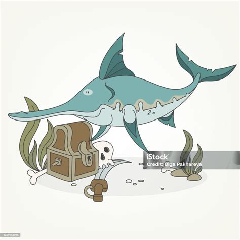 물 주민의 만화 캐릭터 가라앉은 보물 상자 칼 두개골 뼈 옆에서 포즈를 취하는 재미있는 귀여운 물고기 칼 칼 벡터 일러스트레이션