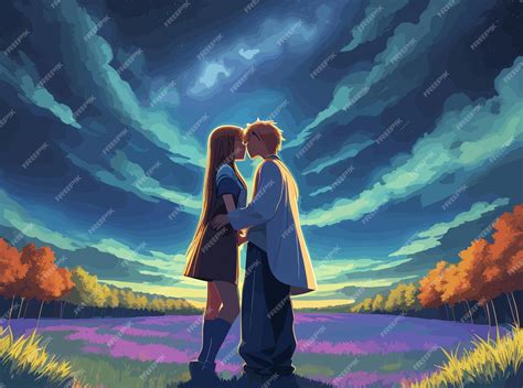 Premium Photo Illustration Of A Couple Kissing In The Night Sky
