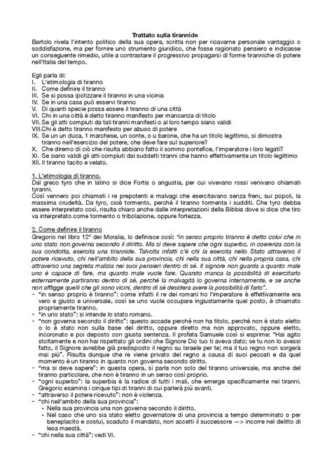 Riassunto Trattato Sulla Tirannide Bartolo Docsity