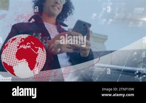 Animation Of Globes And Computer Language Over Low Angle View Of