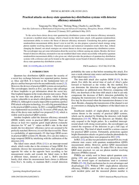 Pdf Practical Attacks On Decoy State Quantum Key Distribution Systems With Detector Efficiency