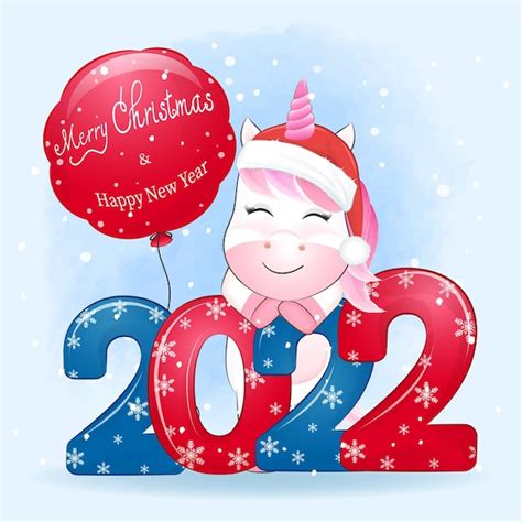 귀여운 작은 유니콘과 빨간 풍선 2022 크리스마스 그림입니다 프리미엄 벡터
