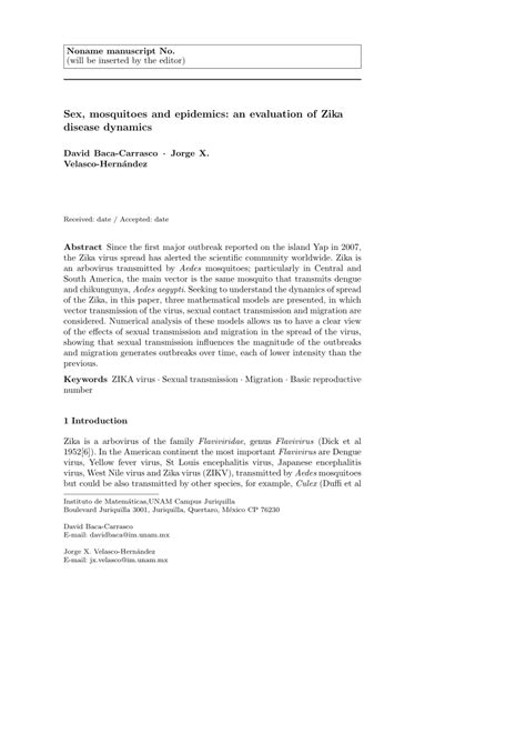 Pdf Sex Mosquitoes And Epidemics An Evaluation Of Zika Disease Dynamics