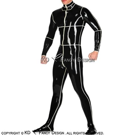 Black And White Stripes Sexy Latex Catsuit With Feet Front To Back