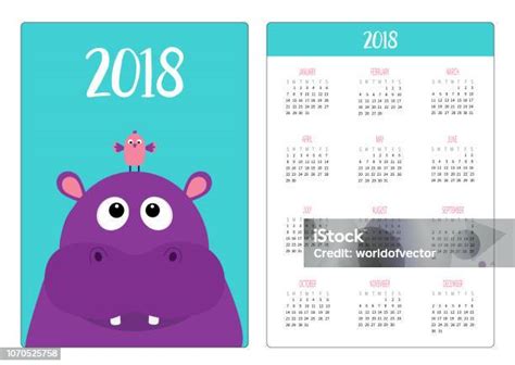 포켓 달력 2018 년입니다 주 일요일을 시작합니다 마 새를 올려 얼굴 머리 귀여운 만화 캐릭터 하 마입니다 바이올렛 엄격한 강