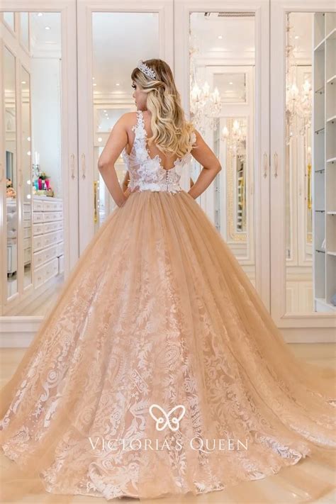 Floral Lace And Nude Tulle Cute Ball Gown Wedding Dress Vq