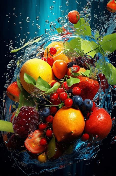 Fresh Multi Fruits Splashing Into Blue Clear Water Splash Healthy Food