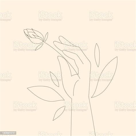 여성의 손 들고 꽃 아름다움 화장품 주얼리 컨셉을 위한 최소한의 선형 스타일 벡터 일러스트 개념에 대한 스톡 벡터 아트 및 기타