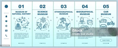 전시 및 박물관 온보딩 모바일 웹 페이지 벡터 템플릿 선형 일러스트와 응답 스마트 폰 웹 사이트 인터페이스 아이디어 웹 페이지 연습 단계 화면입니다 색상 컨셉 5에 대한
