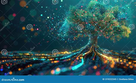 A Tree Made Of Colorful Data Leaves And Binary Code Roots Illustrating