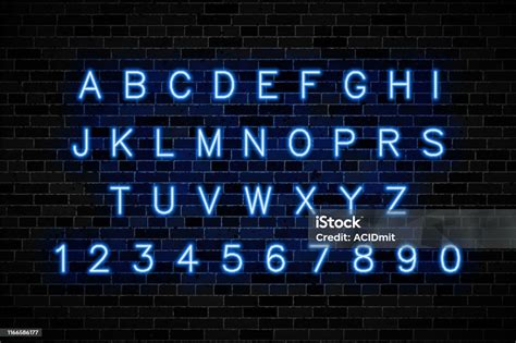 파란색 네온 은 어두운 벽돌 벽 배경에 대문자와 숫자를 표시합니다 편집하고 사용자 정의하기 쉬운 현대 벡터 알파벳 Eps 10