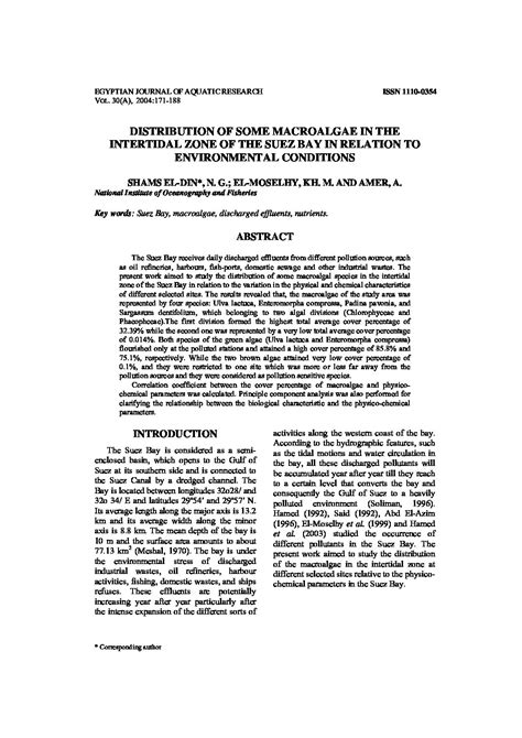 Distribution Of Some Macroalgae In The Intertidal Zone Of The Suez Bay In Relatjon To