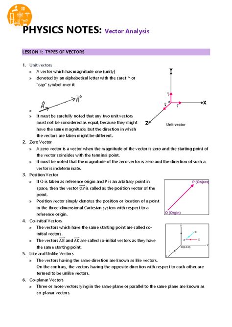 Physics Notes Vectors 2 PHYSICS NOTES Vector Analysis LESSON 1 TYPES OF VECTORS 1 Unit
