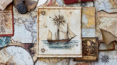 A Collage Of Old Nautical Maps And Sailors Journals Featuring Compass
