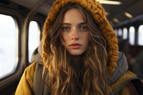 Premium Ai Image A Woman With Long Hair And A Yellow Jacket On A Train