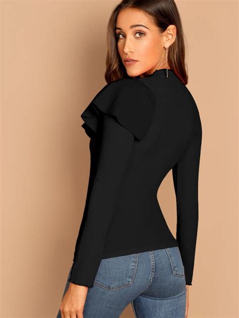 Shein Privé Ruffle Trim Mock Neck Form Fitting Tee Shein Usa