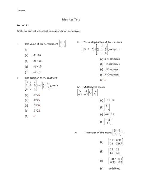 Matrices Test 2019 Pdf