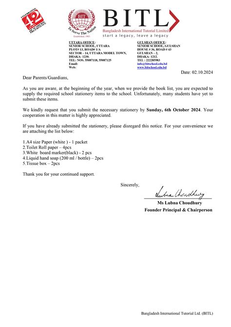 B I T L Bangladesh International Tutorial Limited Submission Of Stationary Items