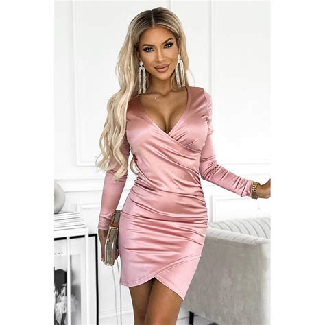 Rochie Scurta Roz Pudra Din Satin Cu Maneca Lunga Lusmille JojoFashion Ro