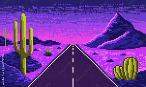 Neon Pixel Desert With Straight Highway Background Hot Synthwave 8bit