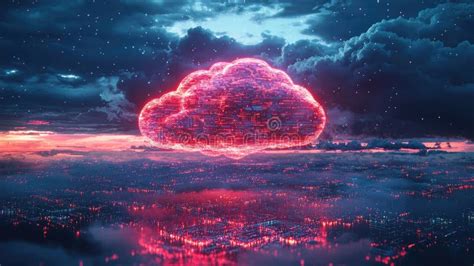 Digital Cloud Network Over Futuristic Cityscape At Dusk Data Flow