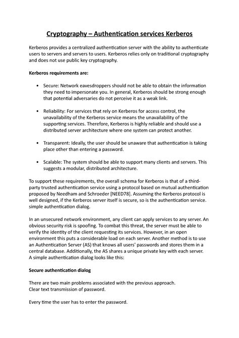 Cryptography Authentication Services Kerberos Cryptography Authentication Services