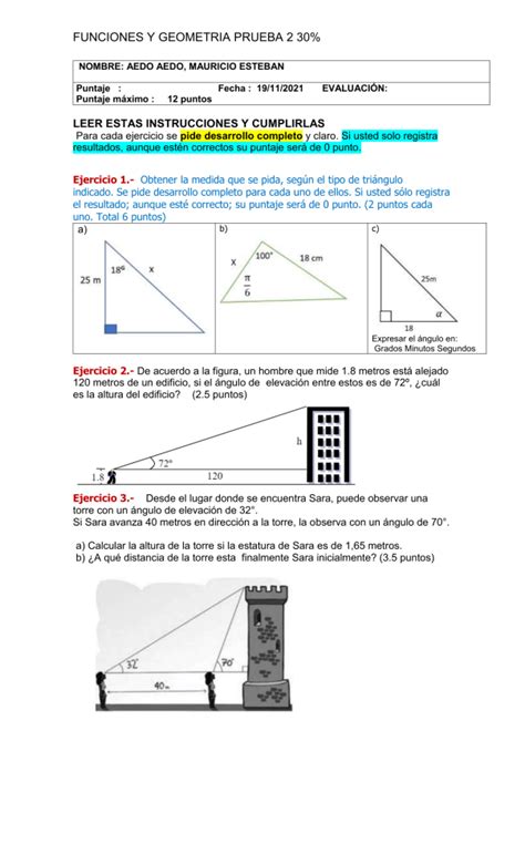 Prueba De Funciones Y Geometr A Trigonometr A Y Resoluci N De Tri Ngulos