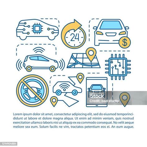 무인 택시 기사 페이지 벡터 템플릿입니다 로봇 자동차 임대 브로셔 잡지 선형 아이콘과 텍스트 상자소책자 디자인 요소 인쇄 디자인 텍스트 공간이 있는 개념 그림 라인아트에
