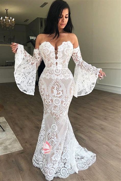 Unique Geometric Lace Bell Sleeve Nude Wedding Dress Lunss