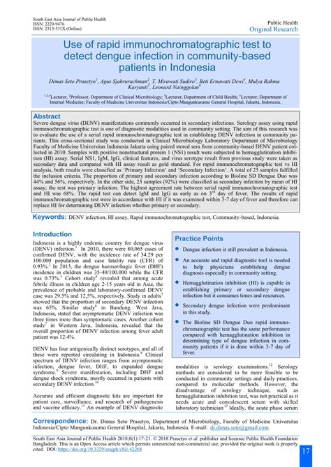 Pdf Use Of Rapid Immunochromatographic Test To Detect Dengue Infection In Community Based