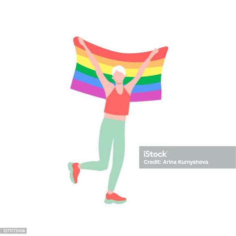 남자는 걷고 무지개 Lgbt 자부심 깃발을 들고있다 성소수자 자부심 행진 벡터 그림입니다 플랫 디자인 Lgbtqia 문화에 대한