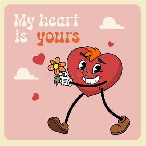 Groovy Heart Mascot Character Retro Cartoon Style Walking Cute