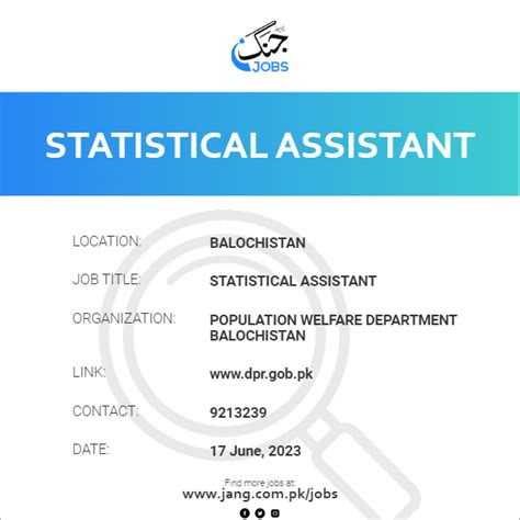Statistical Assistant Job Population Welfare Department Balochistan