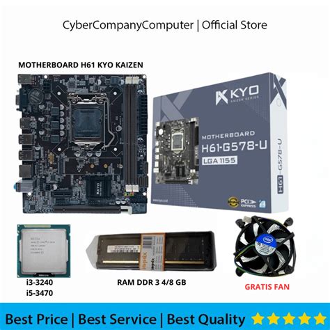Jual SW17 Paket Motherboard KYO KAIZEN H61 Mobo Socket LGA1155 DDR3 Core I3 3240 I5 3470