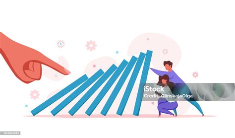 도미노 벡터 일러스트가 떨어지는 것에 대해 열심히 밀어내는 사업가의 도미노 효과 떨어지는 예방 갈등 중지 문제 해결 연쇄 반응